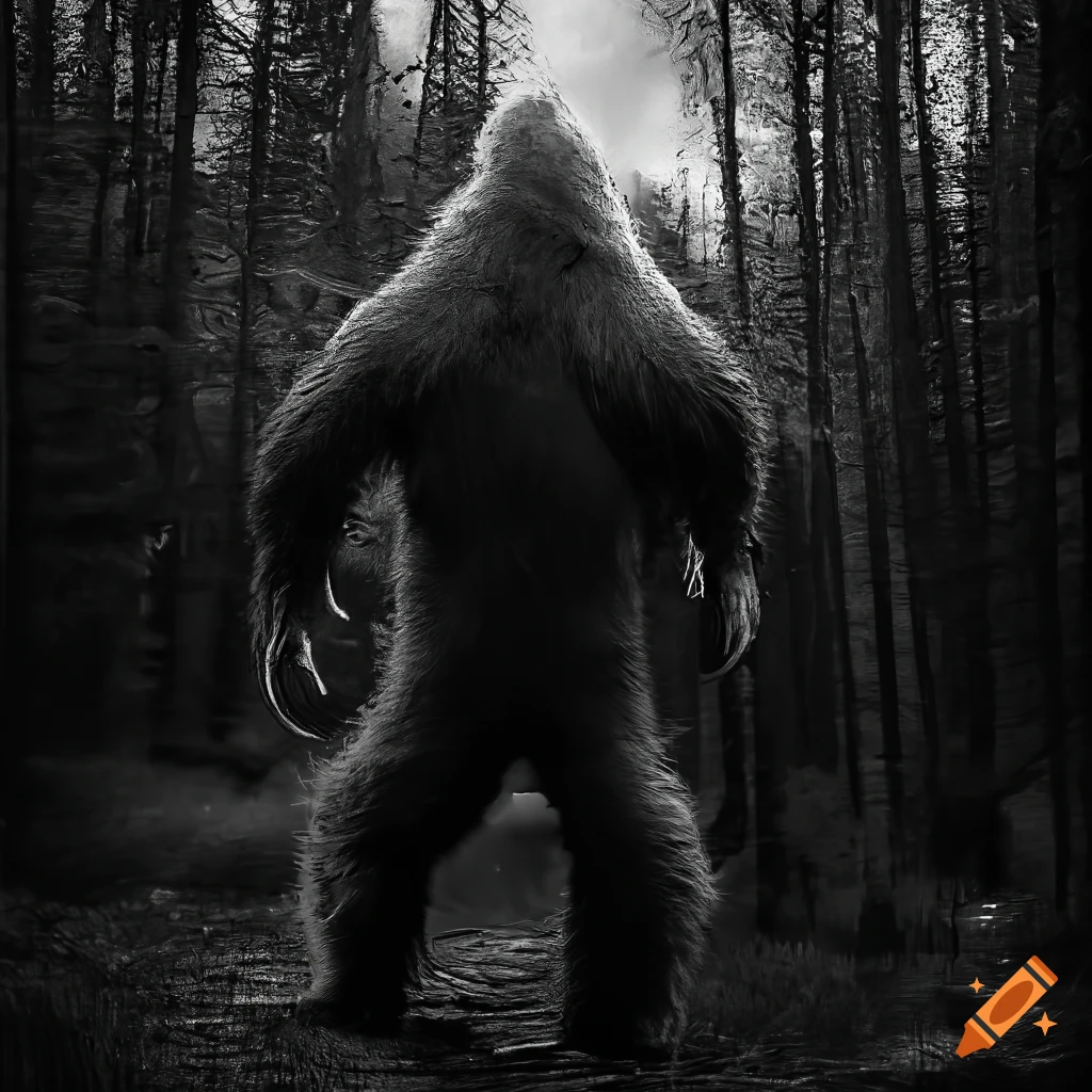 Angry bigfoot under a crescent moon in the forest in scratchboard ...