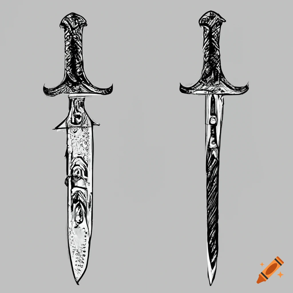 Sketch of a switchblade in a medieval frame in black and white on Craiyon