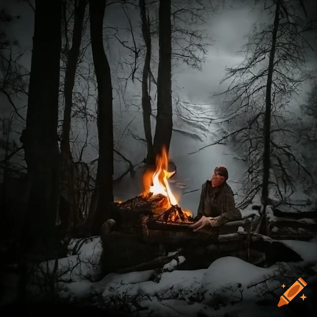 Frankenstein discussing with his creation by a campfire in snowy mountains on Craiyon