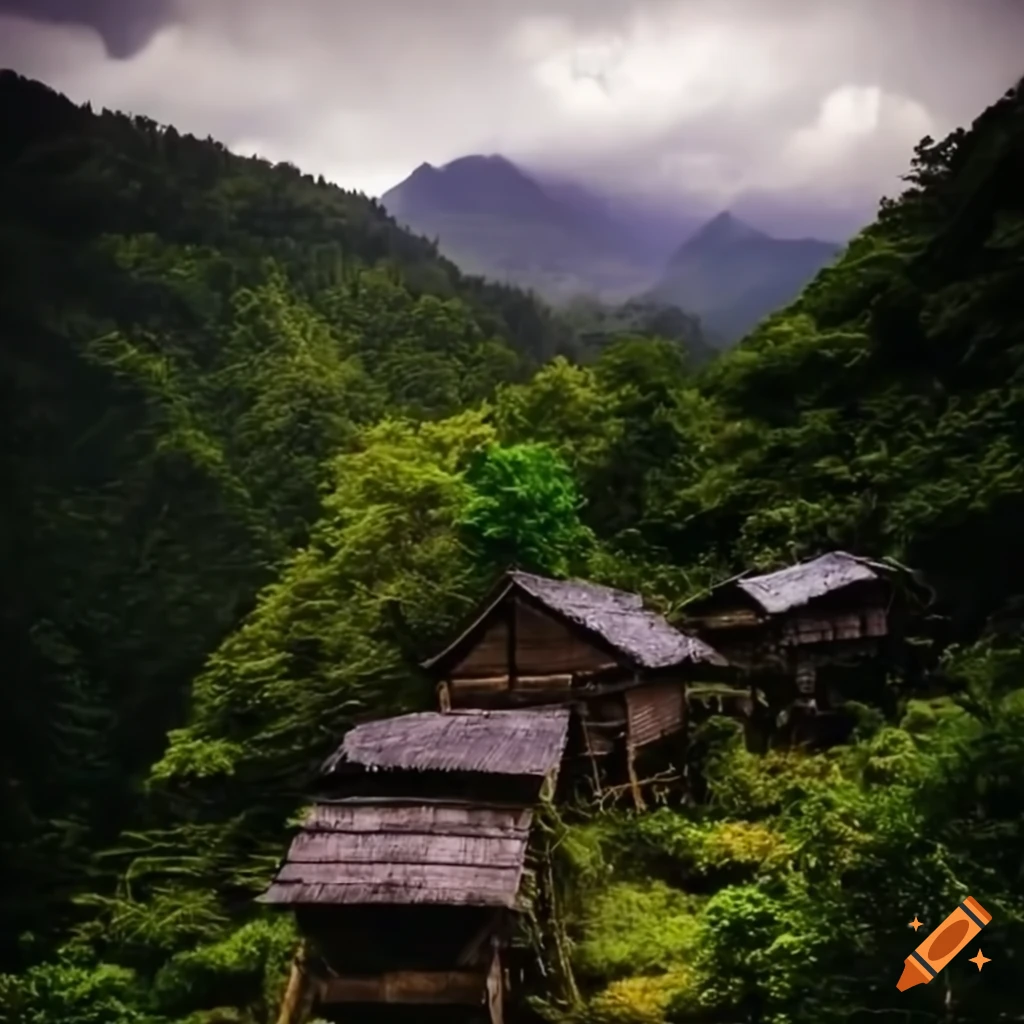 Small asian wooden village in mountain surroundings on Craiyon