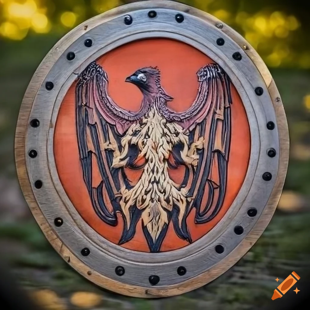 Round wooden shield with a phoenix coat of arms in Viking style on Craiyon
