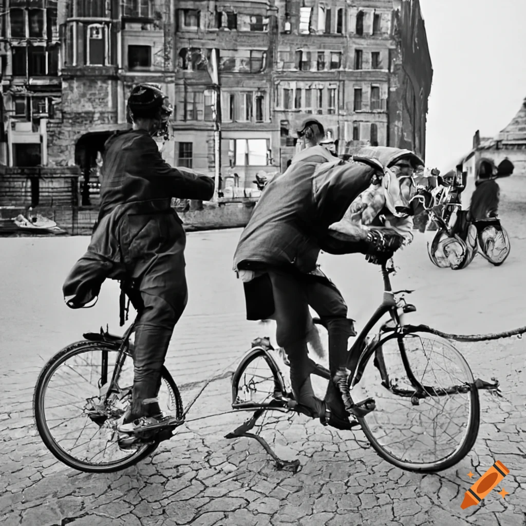 Two men having fun riding a bike and scooter simultaneously on Craiyon