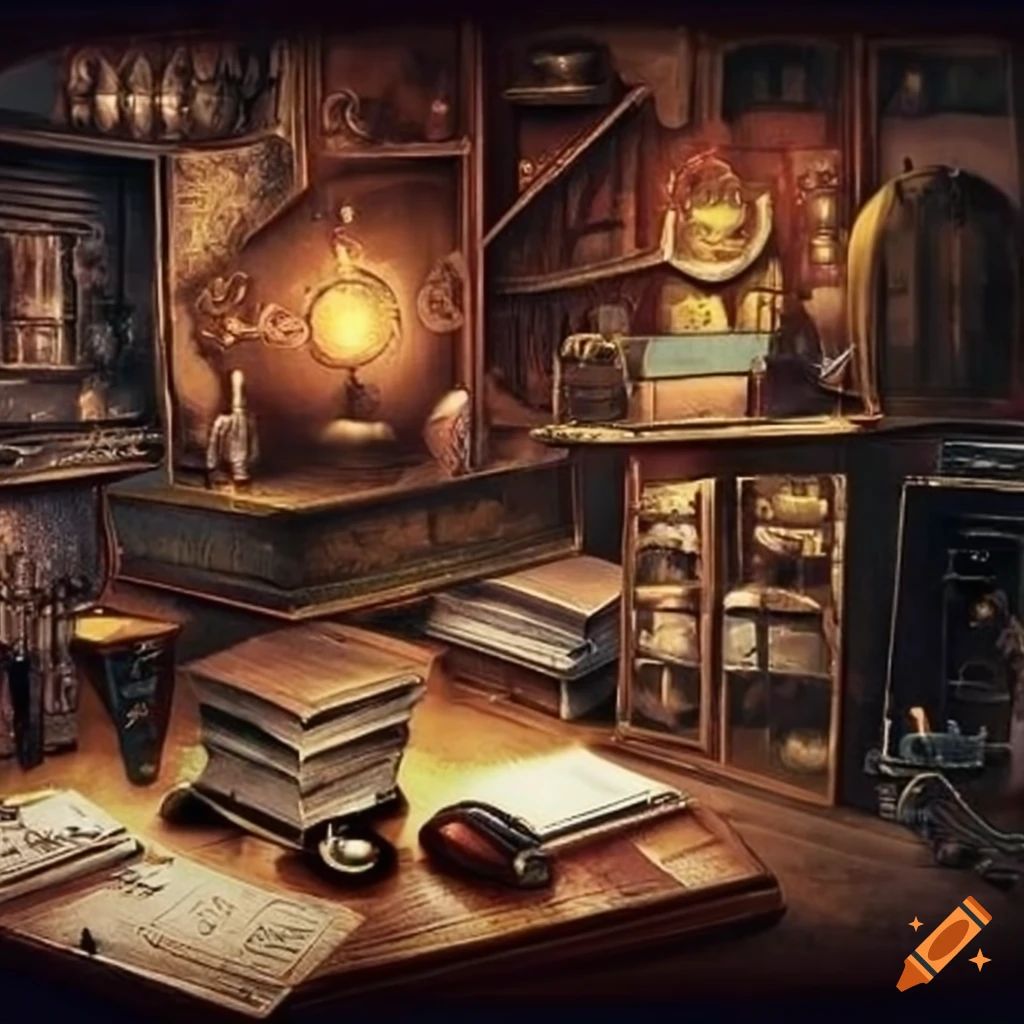 Alchemist's cluttered lab with inventions and books in a gothic black ...