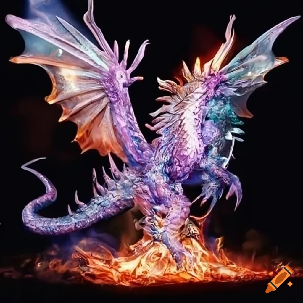 Mythical dragon of radiant crystals flying over fire on Craiyon