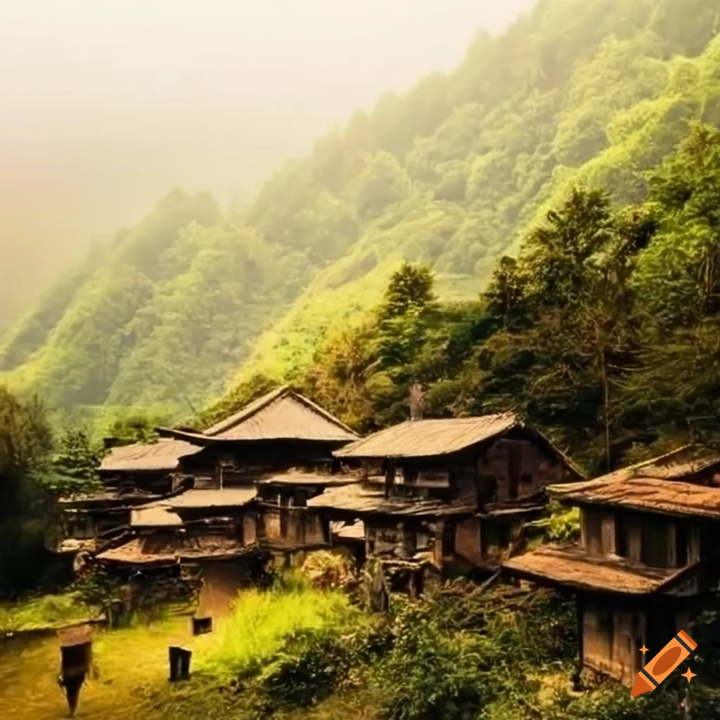 Small asian wooden village in mountain surroundings on Craiyon