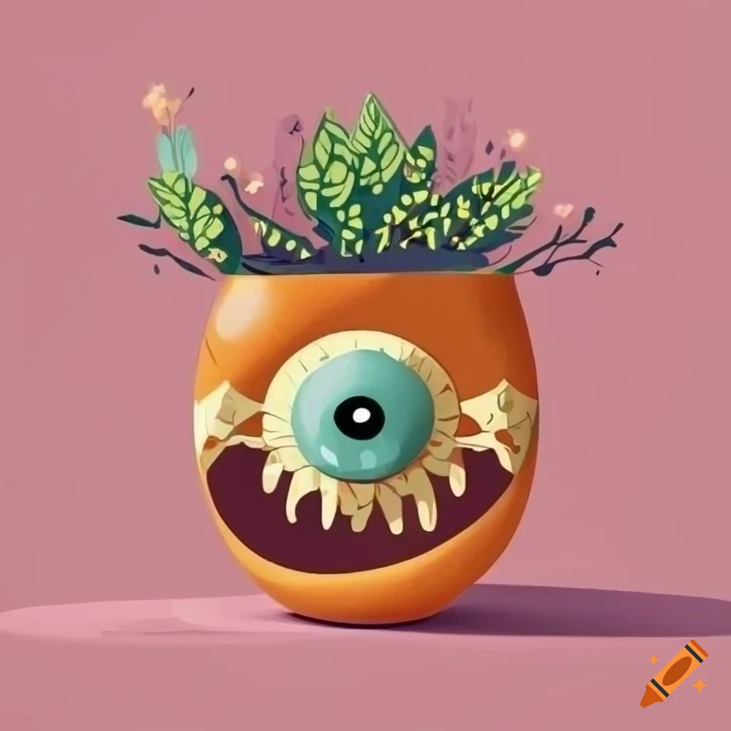 Surreal flat design of decorative pot and cyclops eye flowers on a ...