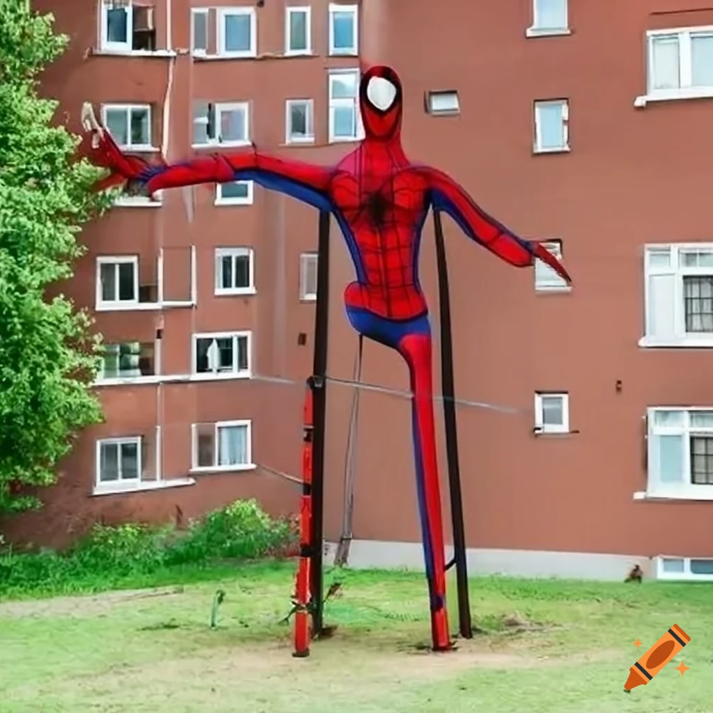 Spider-man themed metal climbing frame with surrounding brown blocks of ...