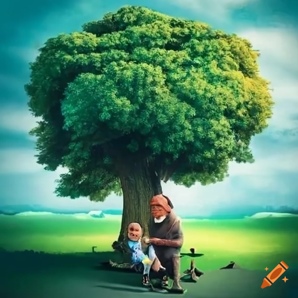 Old man telling stories to children under a big tree on Craiyon