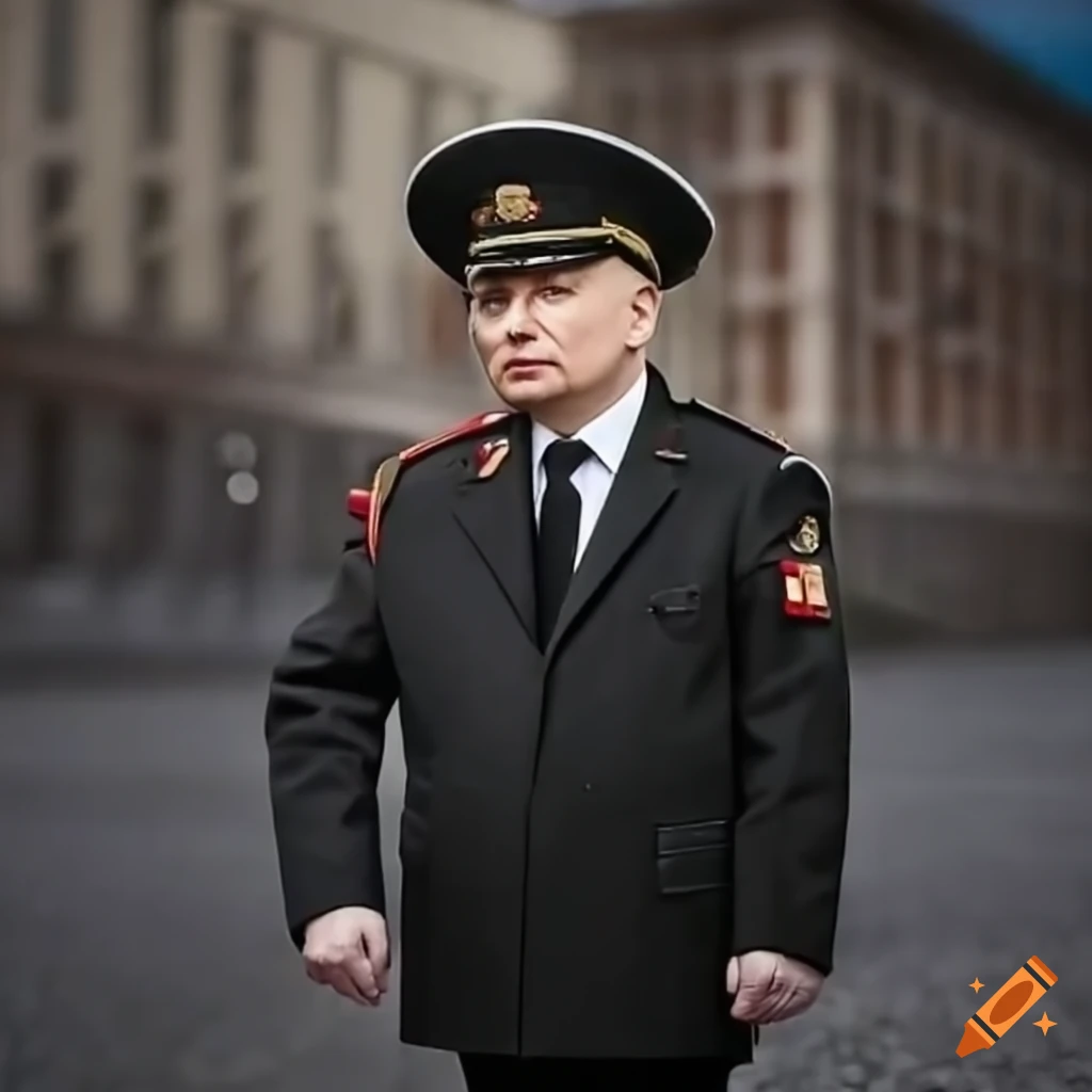 Political leader in military uniform with peaked cap for strong image ...