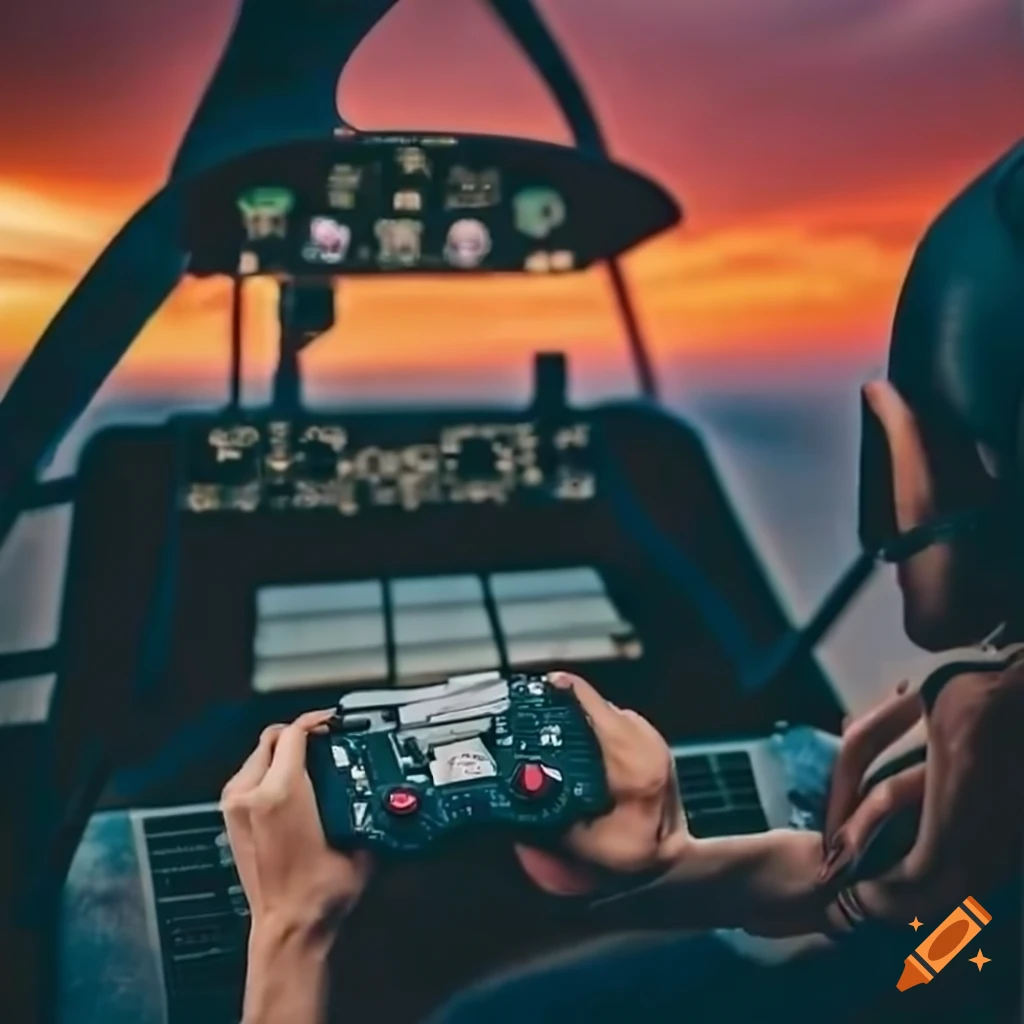 Helicopter cockpit with a game controller on the control stick on Craiyon