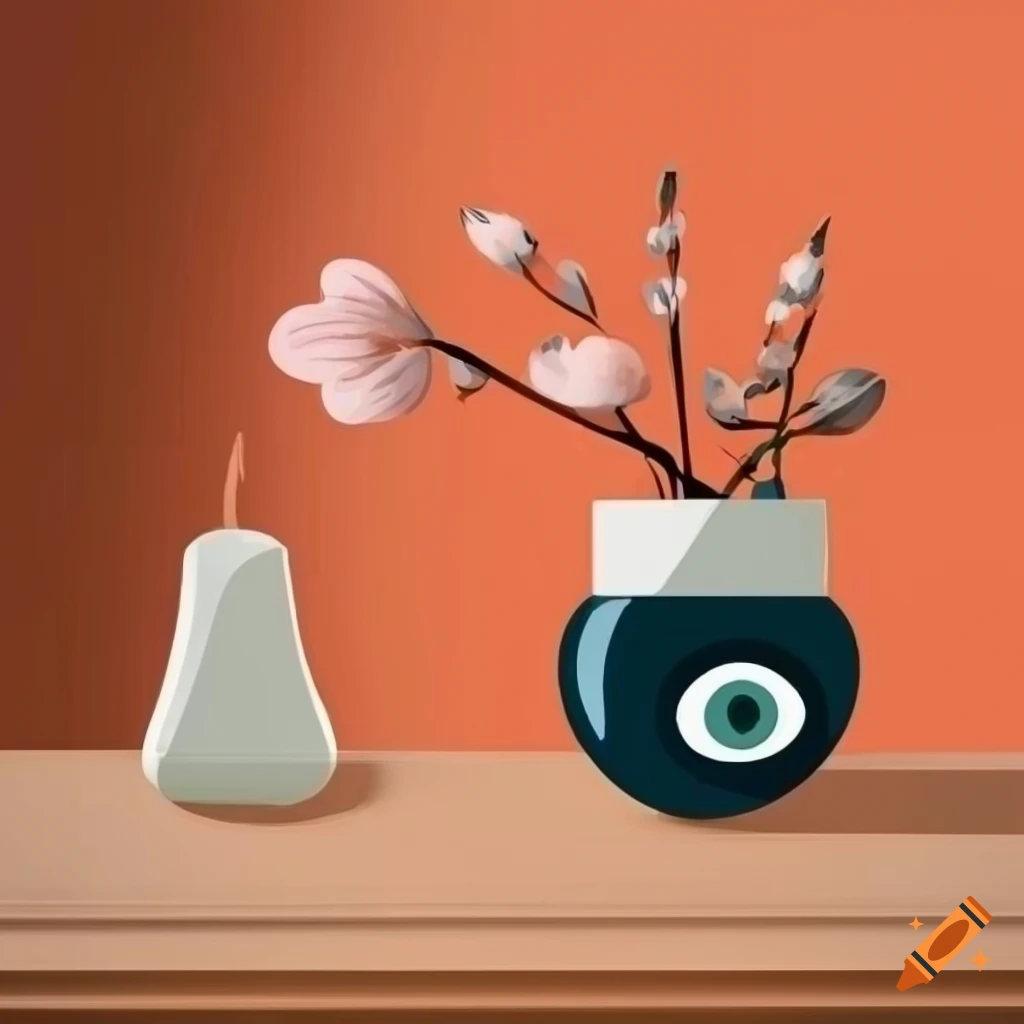 Surrealist decorative pot and flowers with cyclops eye on a table with ...