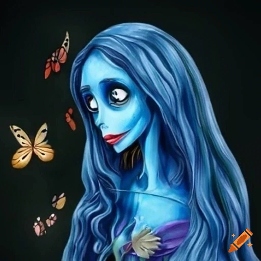 Corpse bride surrounded by butterflies in colored pencil art on Craiyon