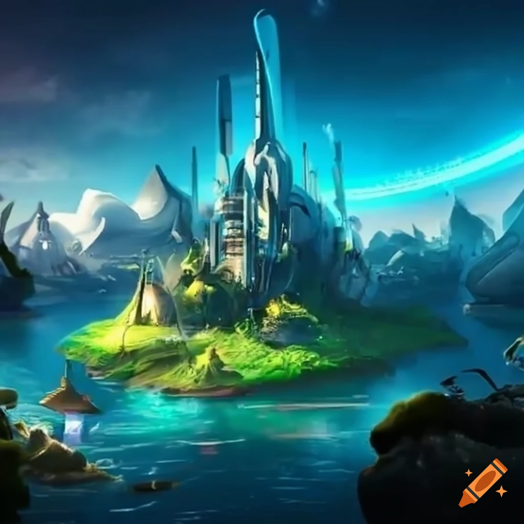 Futuristic tech island with a theme park in high definition on Craiyon