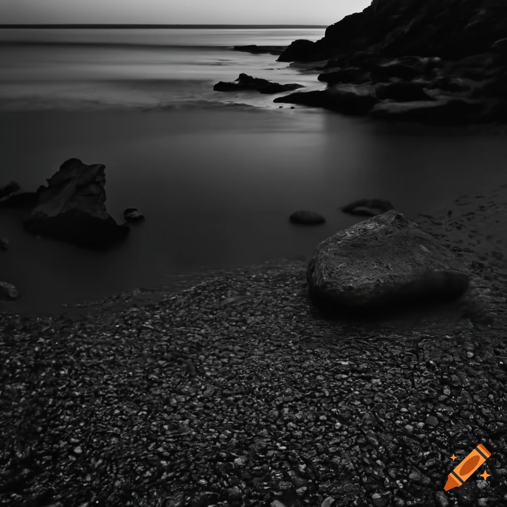 View from the beach at midnight with sea and rocks on Craiyon