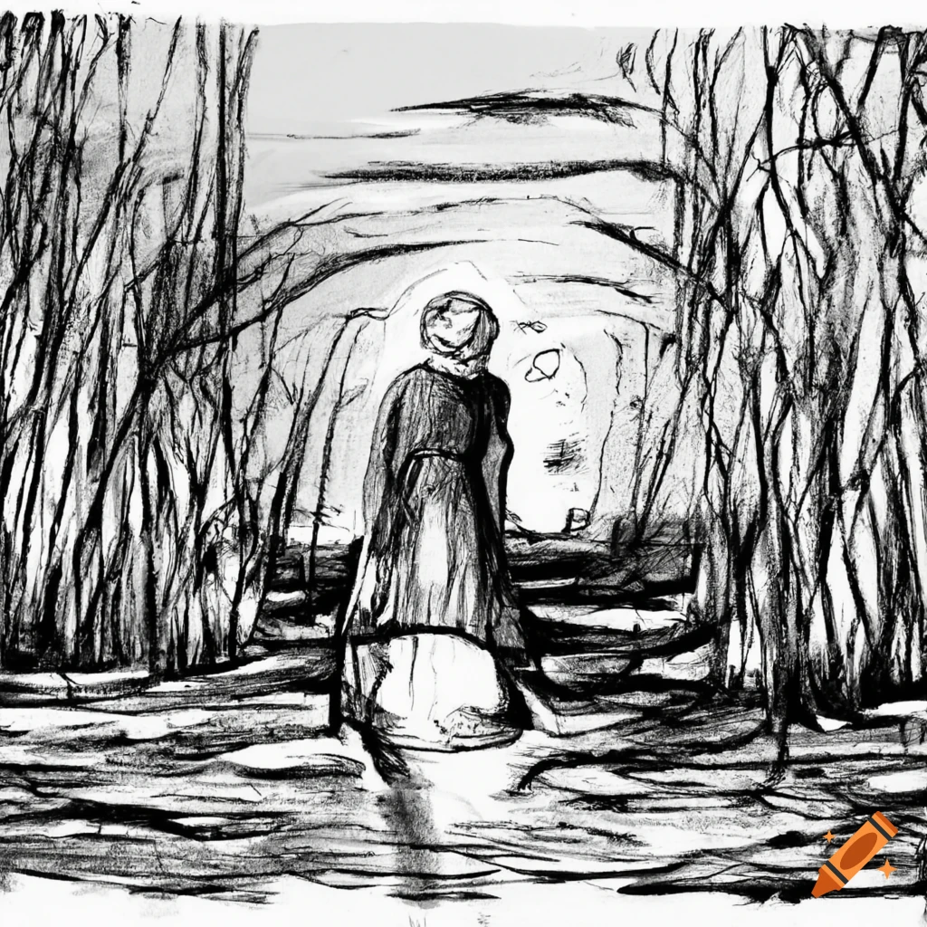 Scary old peasant woman emerging from the swamp in a charcoal drawing ...
