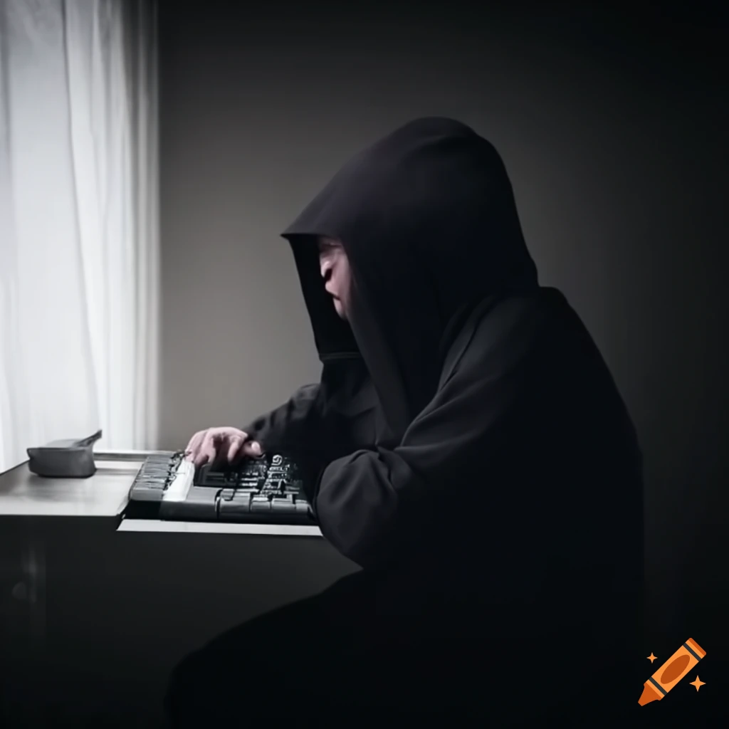 Hooded man using vintage computer on Craiyon