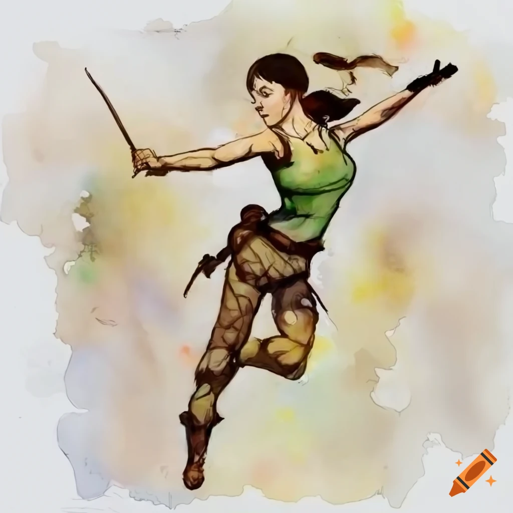 Dynamic action pose of Lara Croft in Frank Frazetta style on Craiyon