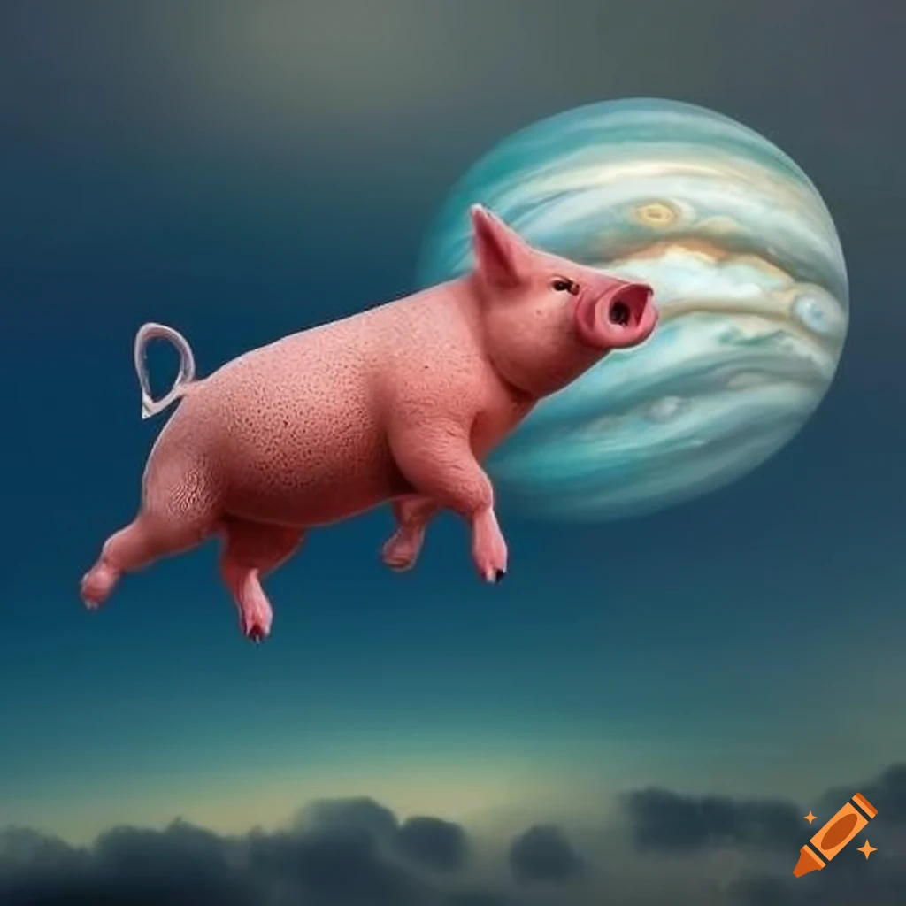 Whimsical flying pig looking at Jupiter in an illustration on Craiyon