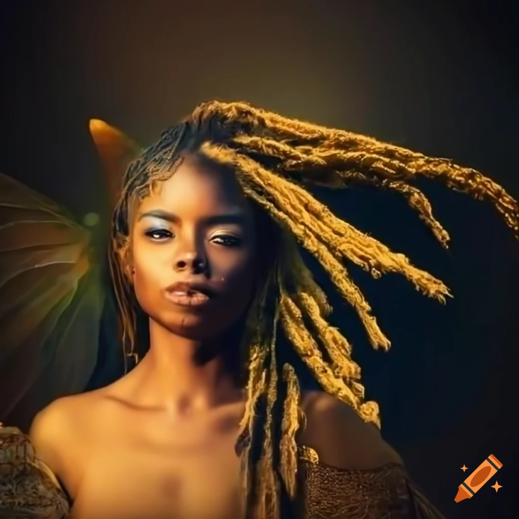 African american fairy woman with wings and dreadlocks in heavenly ...