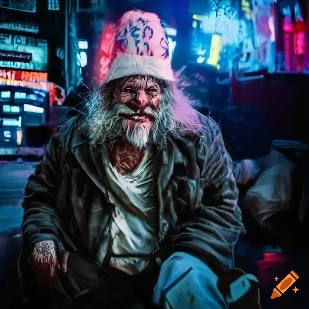 Cyberpunk homeless dwarf wizard with a grunge style smiling on Craiyon