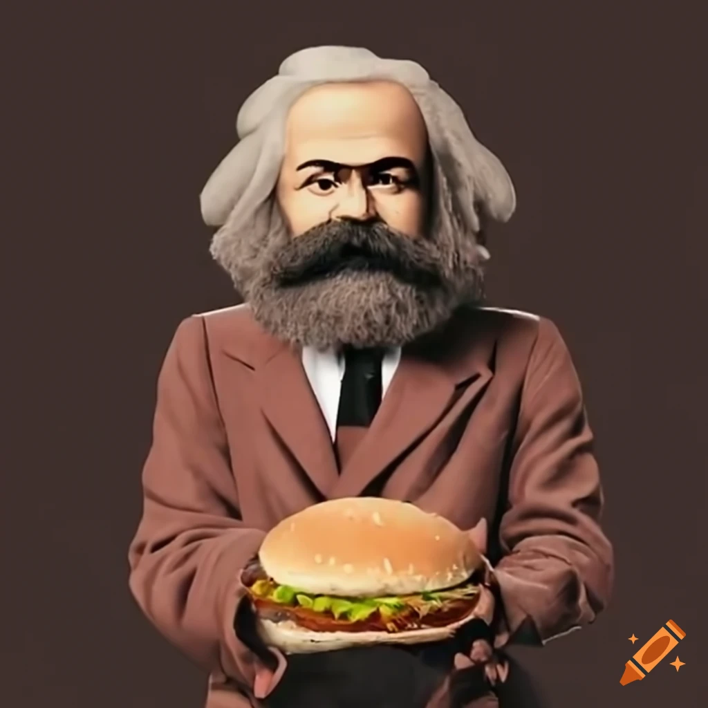 Karl marx eating a hamburger on Craiyon