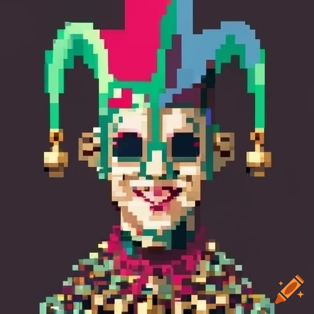 Jester with mask and bells in pixel art style on Craiyon