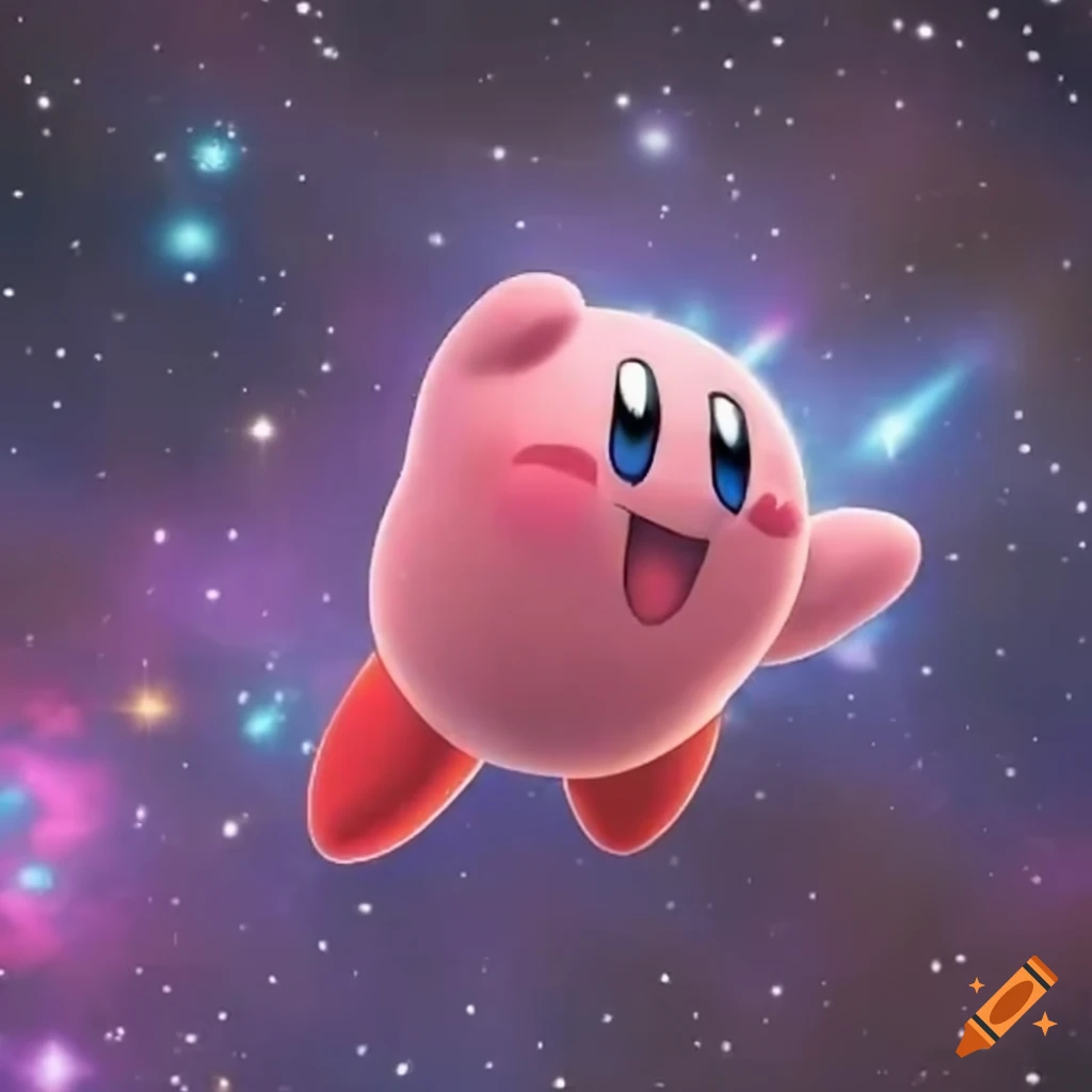 Kirby flying through space on a warp star on Craiyon