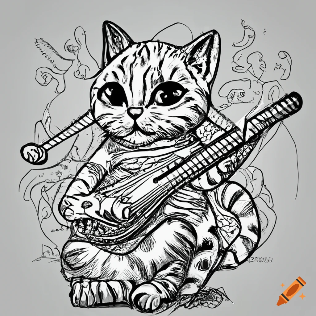 Cats playing instruments in black and white line art for coloring book ...