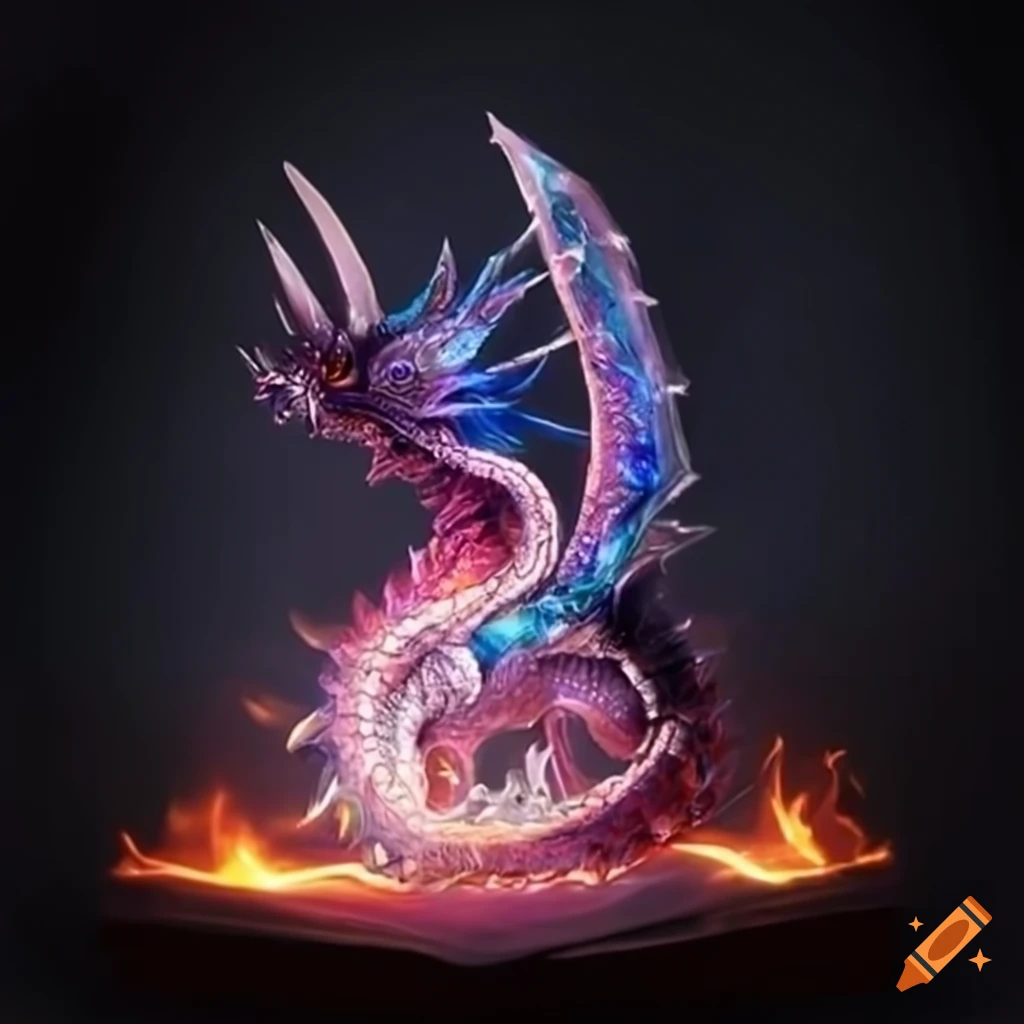 Mythical dragon of radiant crystals flying over fire on Craiyon