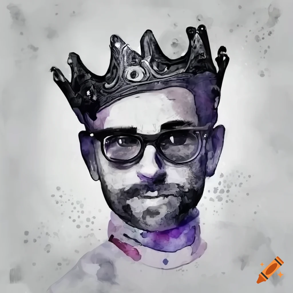 Charismatic prince wearing a crown and futuristic glasses with colorful ...