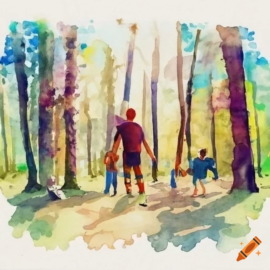Group of young men and women playing in a forest camp in watercolor on ...