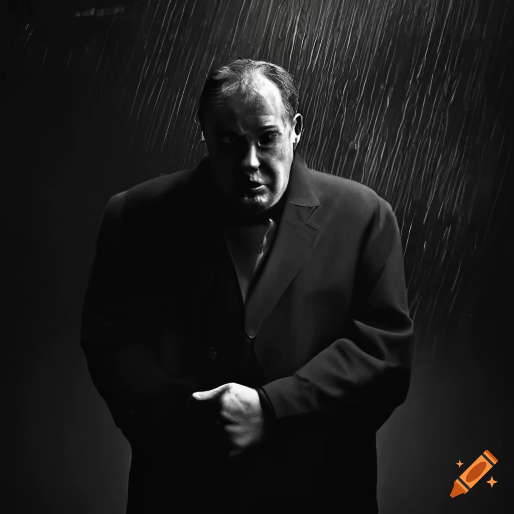 Mob boss tony soprano standing stoically in the rain in black and white ...