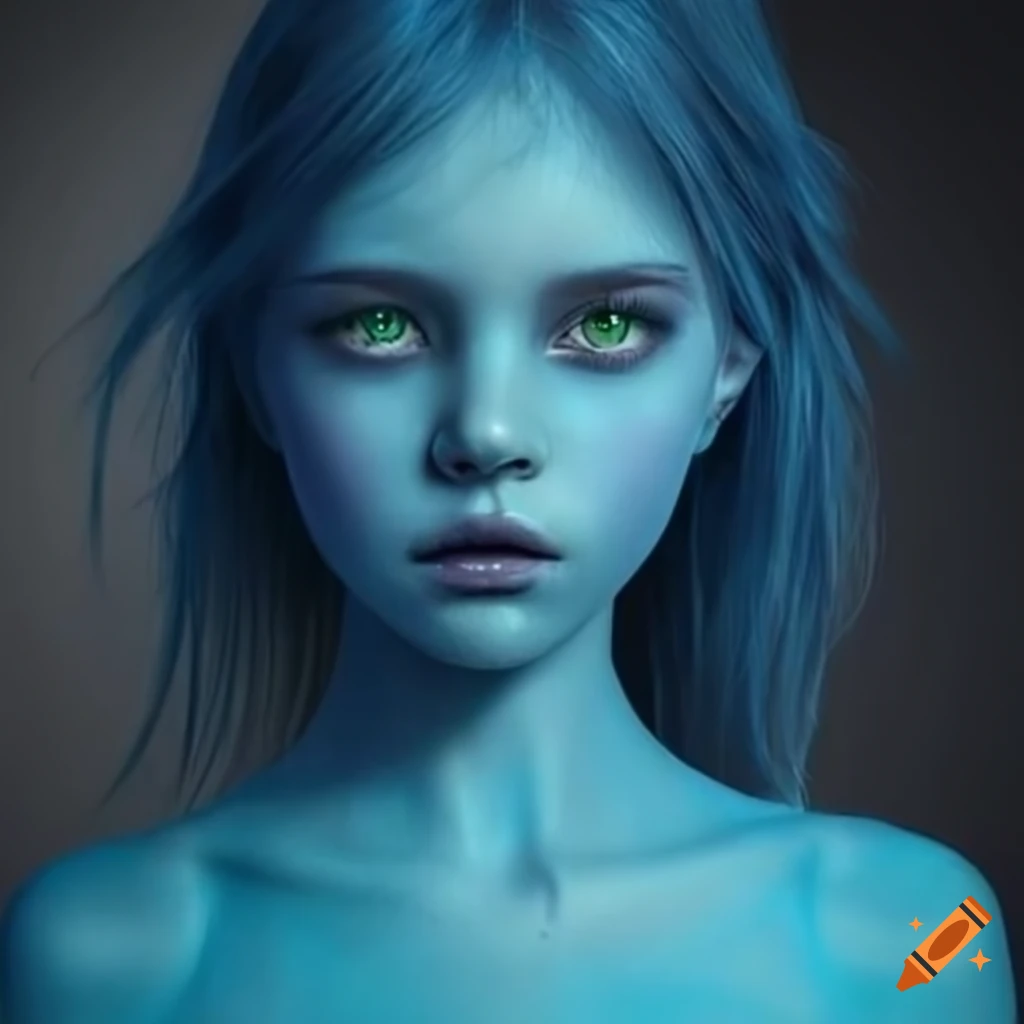 Blue colored girl with green eyes in a 3/4 body view on Craiyon