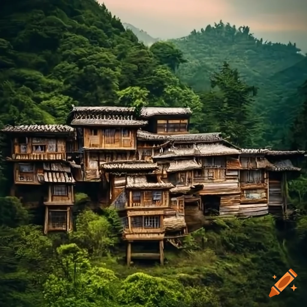 Small asian wooden village in mountain surroundings on Craiyon