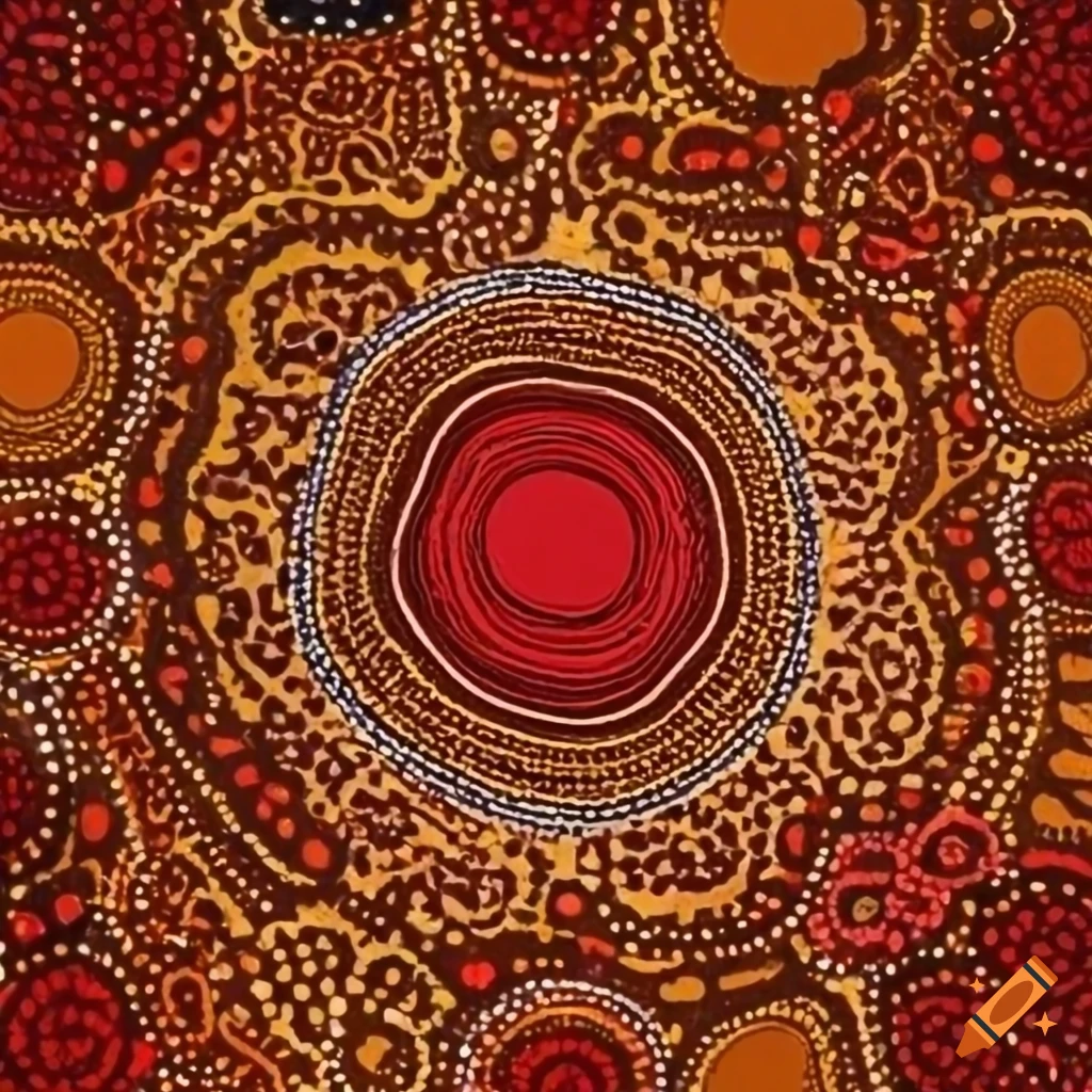 Aboriginal art with intricate detailed dots in brown, red, and yellow ...