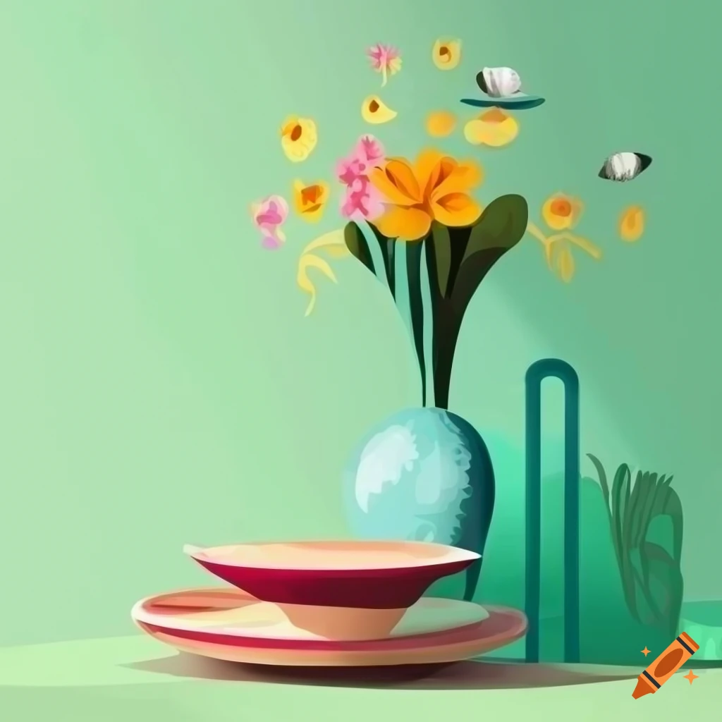 Surrealist flat design of flowers with eye in decorative pot on a table ...