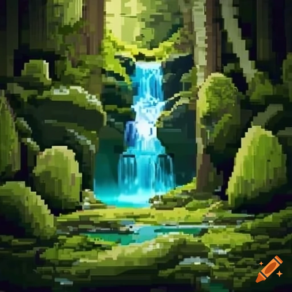 Hidden waterfall surrounded by mossy rocks and trees in pixel art on ...