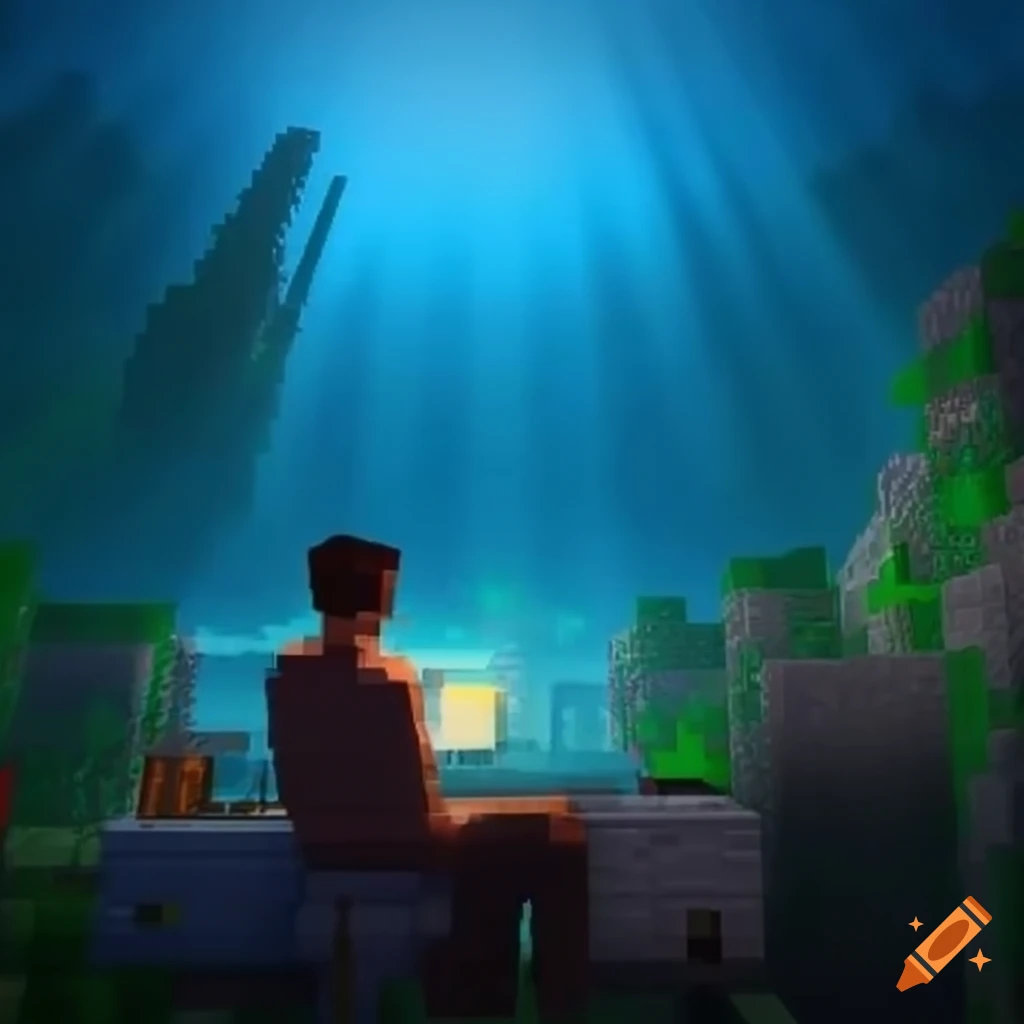 Man playing Minecraft at a computer desk with ocean view on Craiyon