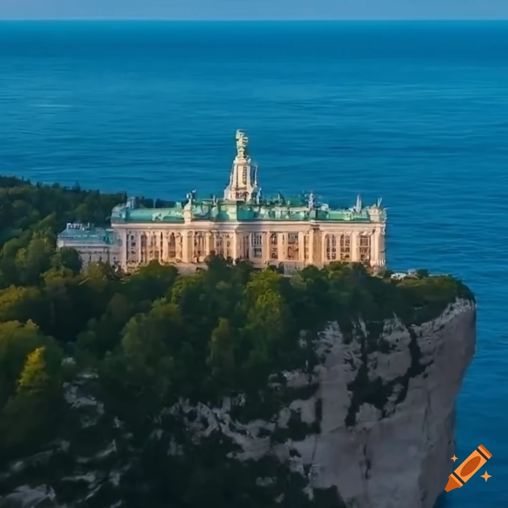 White marble palace on cliff overlooking ocean in russian architecture on Craiyon