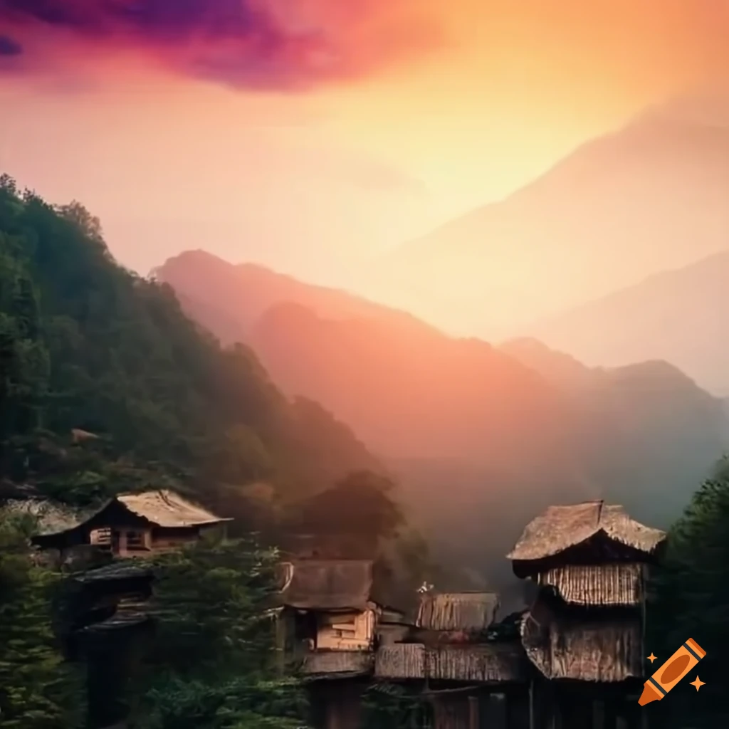Small asian wooden village in mountain surroundings on Craiyon