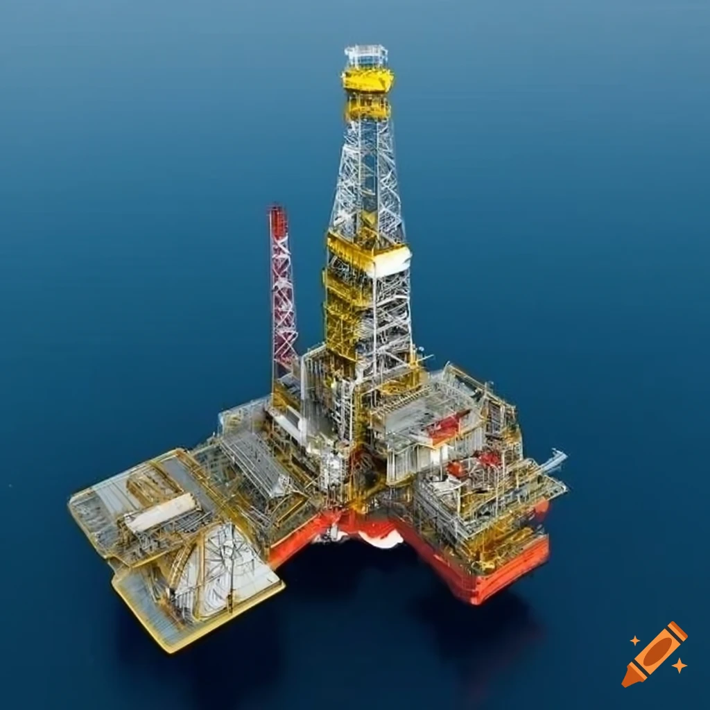 Bird's eye view of an offshore oil drilling platform under clear sky on ...