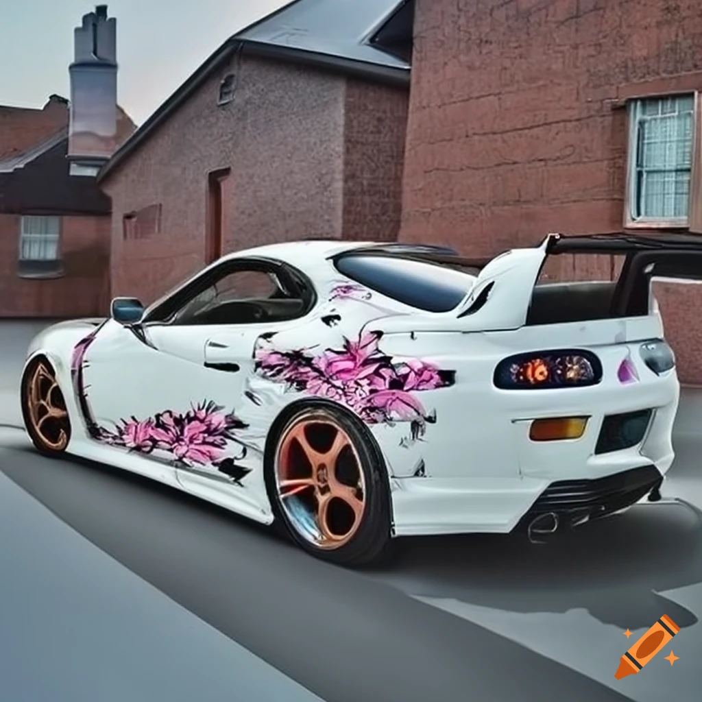 White toyota supra mk4 with blossom decal on the door on Craiyon
