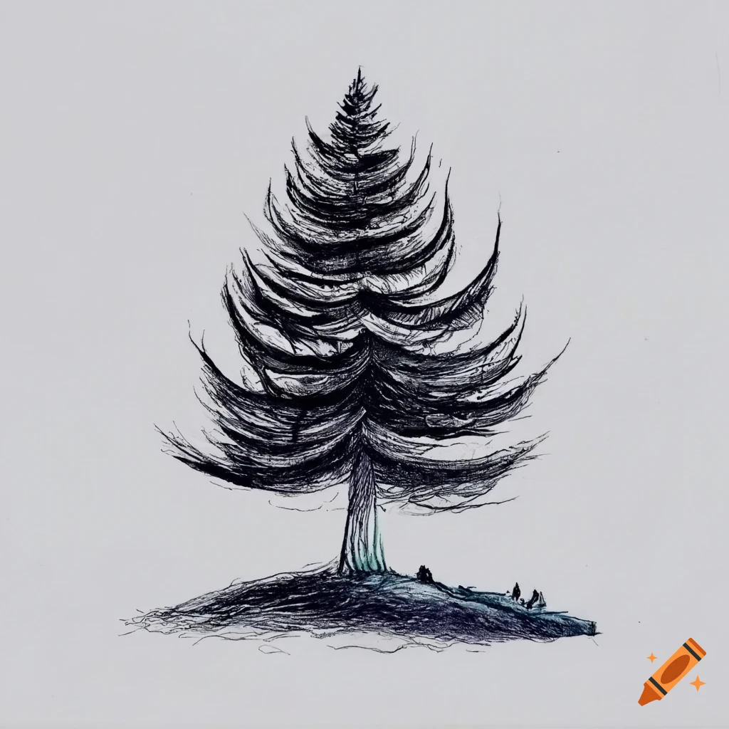 Pencil drawing of a small forest with deciduous and coniferous trees on ...