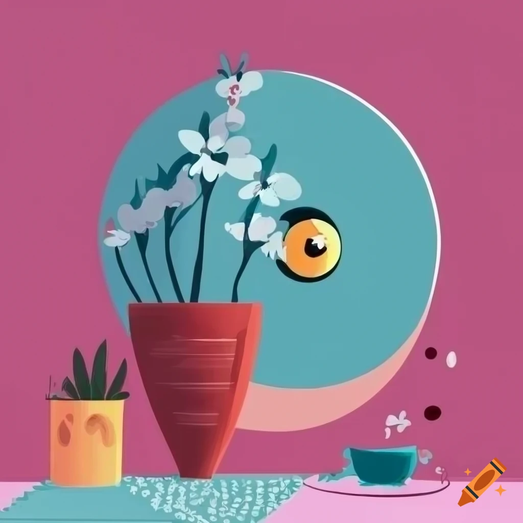 Surrealist flat design of decorative pot and flowers with an eye on a ...