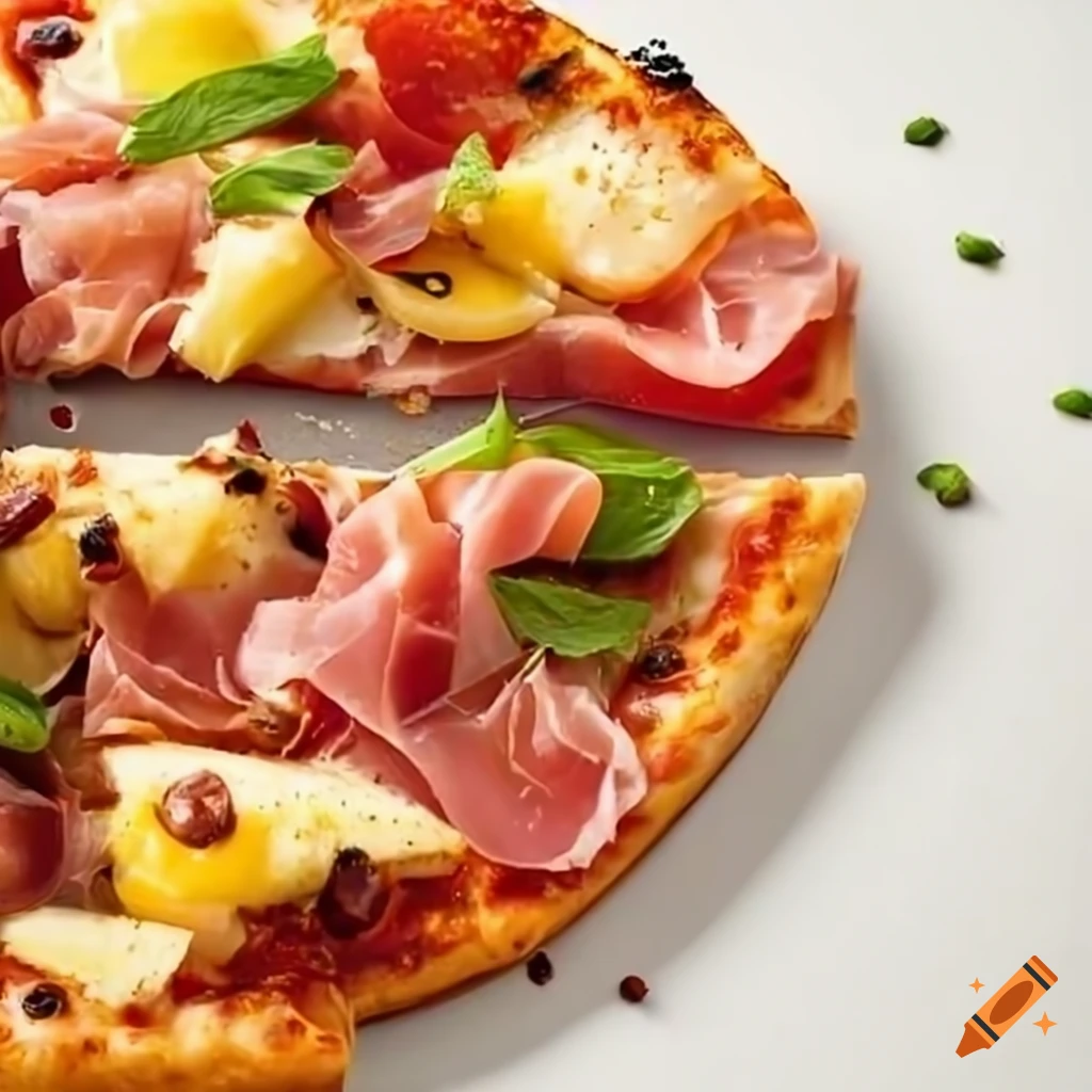 Creative fusion pizza with prosciutto and juicy pineapple slice on Craiyon