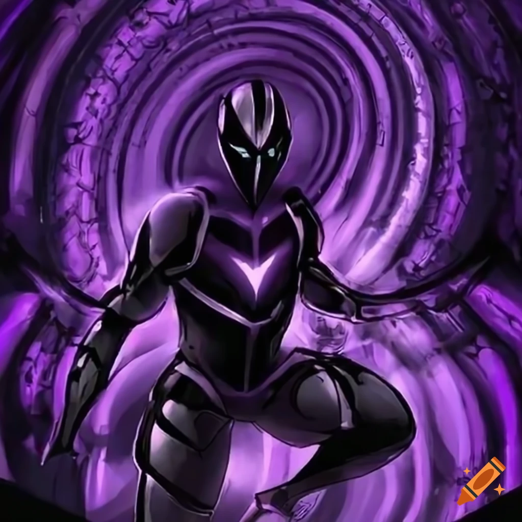 Superhero in black armor emitting purple energy on Craiyon