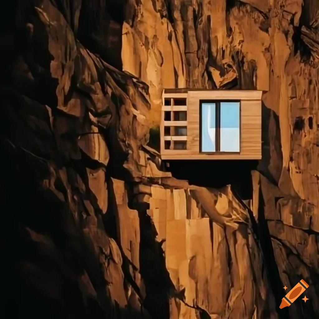 Modern cabin tucked in cliff with spiral staircase on Craiyon