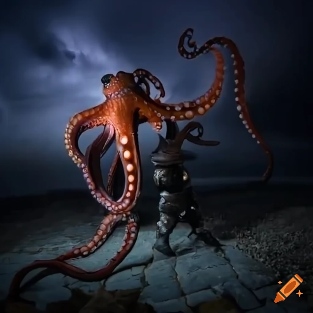 Knight fighting a giant octopus under a dramatic sky with cute features ...