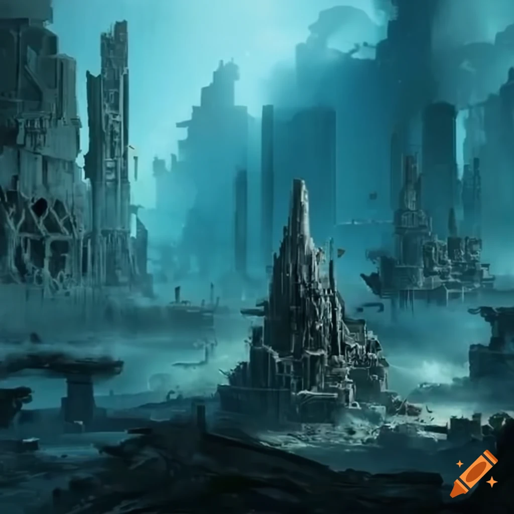 Ruined Atlantis city with sci-fi and organic mutations, emitting smoke on Craiyon