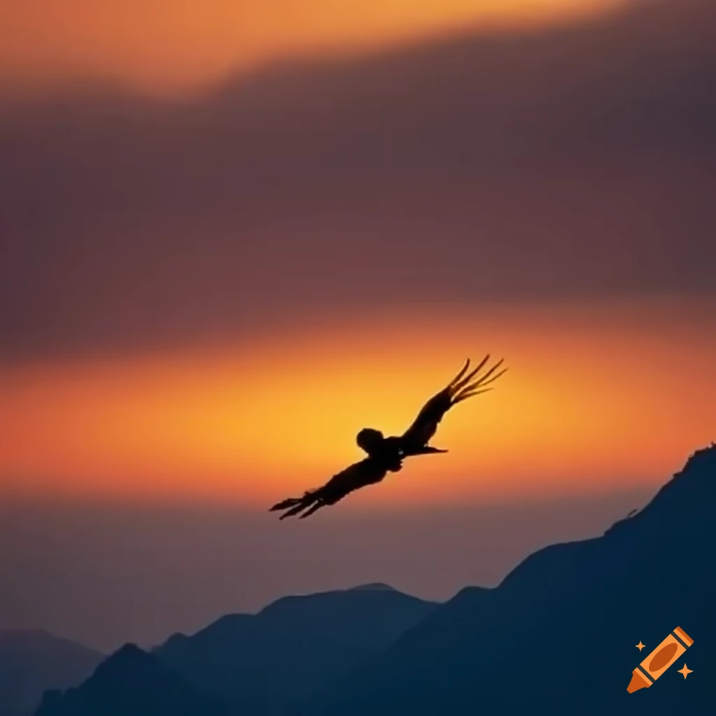 Eagle flying over mountains at sunset on Craiyon